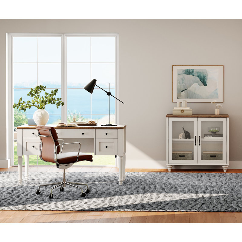 Ophelia & Co. 2 Piece Office Set, 56" Executive Desk & Cabinet With Glass Door, White | Wayfair